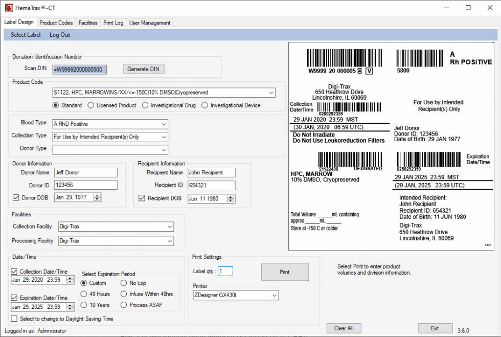 HemaTrax-CT ISBT 128 Cellular Therapy Label Software | Digi-Trax®